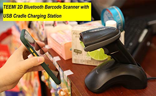 TEEMI Bluetooth Barcode Scanner with USB Charging Cradle Data Receiver, 1D 2D QR Wireless Imager with Vibration Alert for iOS Android Devices, BT 5.0 Longer Transfer Range, Handsfree Screen Scanning