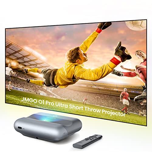 JMGO O1 Pro 1080P FHD Ultra Short Throw Projector,1500ANSI Lumens, 4K Supported Movie Projector with Dynaudio Speakers, Smart DLP Projector, Auto Focus & Keystone Correction, Home Theater Projector