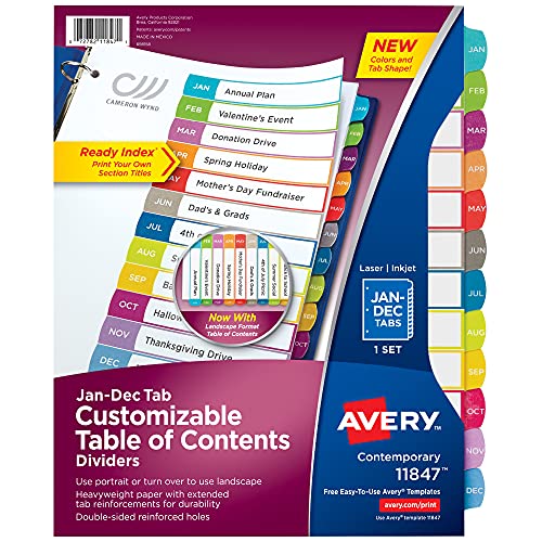 Avery 12-tab Dividers for 3 Ring Binders, Customizable Table of Contents, Multicolor Tabs, 1 Set (11847)