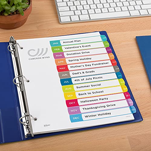 Avery 12-tab Dividers for 3 Ring Binders, Customizable Table of Contents, Multicolor Tabs, 1 Set (11847)