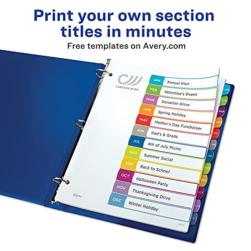 Avery 12-tab Dividers for 3 Ring Binders, Customizable Table of Contents, Multicolor Tabs, 1 Set (11847)