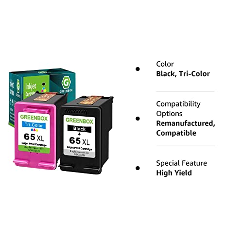 GREENBOX Remanufactured 65XL High-Yield Replacement for HP 65 65XL Ink Cartridges for HP Envy 5055 5052 5010 5012 DeskJet 3755 2652 3720 3752 2622 2624 2655 3722 2600 3700 2630 (1 Black 1 Tri-Color)