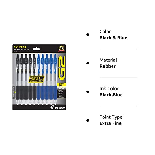 PILOT G2 Pens 0.5 mm - 10 Pack (5 Black and 5 Blue Pens) Premium Gel Ink Pens Extra Fine Point 0.5 mm Refillable & Retractable Rolling Ball,