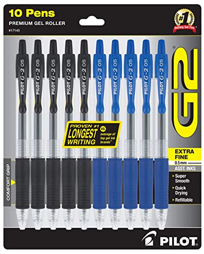 PILOT G2 Pens 0.5 mm - 10 Pack (5 Black and 5 Blue Pens) Premium Gel Ink Pens Extra Fine Point 0.5 mm Refillable & Retractable Rolling Ball,