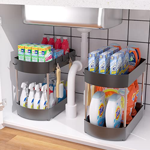 SKYSEN 2 Pack Under sink organizer, under kitchen/bathroom sink organizers and storage, under cabinet storage, Upgrade strengthening structures- Anti rust- 10 Hooks included- Black(uso-2)