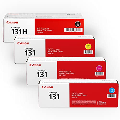 Canon Genuine Toner Bundle 131 (6270B007), 4 Pack (1 Each: Cyan, Magenta, Yellow, High Capacity Black), for Canon Color imageCLASS MF8280Cw, MF624Cw, MF628Cw, LBP7110Cw Laser Printers