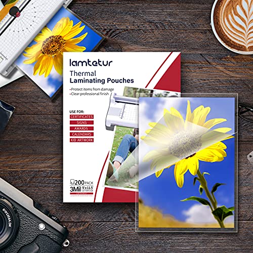 Lamtetur Thermal Laminating Pouches 9" x 11.5" Inches,3-Mil 100/200Pack,Laminator Sheets,Letter Size ,Clear (3MIL-200sheets)