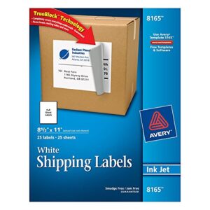 avery shipping address labels, inkjet printers, 25 labels, full sheet labels, permanent adhesive, trueblock (8165)