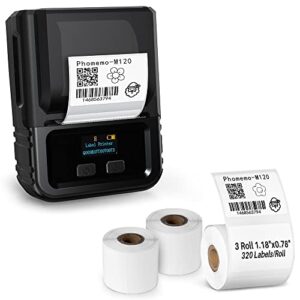 phomemo label printer m120 label maker, barcode label printer portable bluetooth label maker machine with 3 rolls 1.18”x0.78” thermal label paper