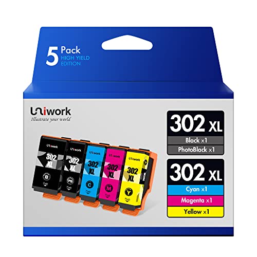 Uniwork Remanufactured 302XL Ink Cartridge Replacement for Epson 302XL 302 XL T302XL T302 to use with Expression Premium XP-6000 XP6000 XP-6100 Printer (PBK/BK/ C/M/Y, 5 Pack)