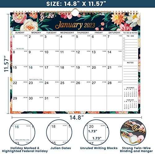 2023 Wall Calendar - Calendar 2023, 12 Monthly Wall Calendar 2023, January - December 2023, 14.8" x 11.57", Twin-Wire Binding + Hanging Hook + Thick Paper + Julian Dates - Floral