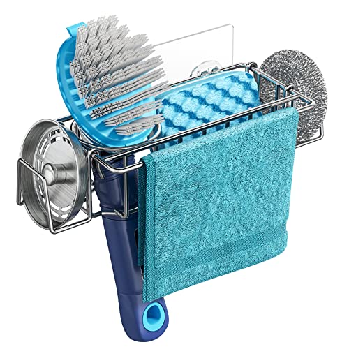 SWTYMIKI 5 in 1 Sponge Holder for Kitchen Sink, Stainless Steel Sink Caddy with Dishcloth Holder for Brush & Sponge in Sink Sponge Caddy with 2 Strong Adhesives in Silver