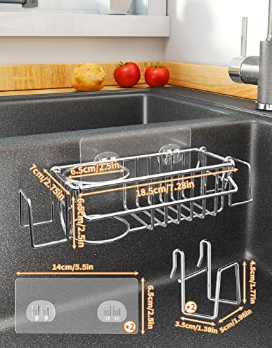 SWTYMIKI 5 in 1 Sponge Holder for Kitchen Sink, Stainless Steel Sink Caddy with Dishcloth Holder for Brush & Sponge in Sink Sponge Caddy with 2 Strong Adhesives in Silver