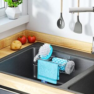 SWTYMIKI 5 in 1 Sponge Holder for Kitchen Sink, Stainless Steel Sink Caddy with Dishcloth Holder for Brush & Sponge in Sink Sponge Caddy with 2 Strong Adhesives in Silver