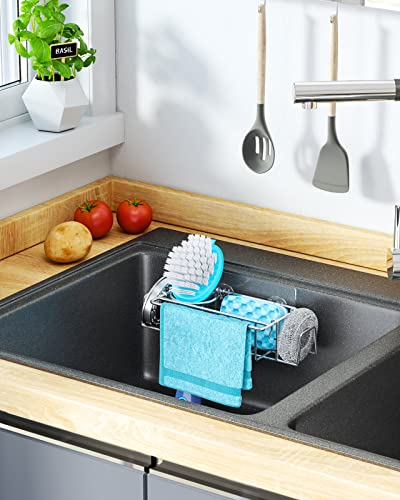 SWTYMIKI 5 in 1 Sponge Holder for Kitchen Sink, Stainless Steel Sink Caddy with Dishcloth Holder for Brush & Sponge in Sink Sponge Caddy with 2 Strong Adhesives in Silver