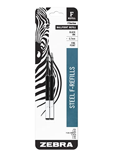 Zebra Pen F-Series Ballpoint Stainless Steel Pen Refill, Fine Point, 0.7mm, Black Ink, 2-Count