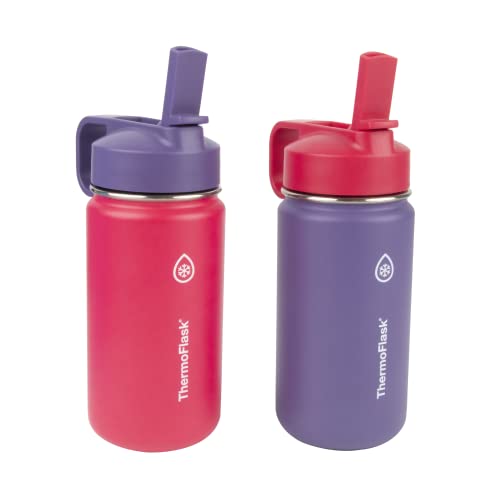 ThermoFlask Double Wall Vacuum Insulated Stainless Steel Kids Water Bottle with Straw Lid, 14 Ounce, 2-pack, Punch / Eggplant