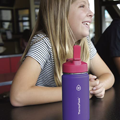 ThermoFlask Double Wall Vacuum Insulated Stainless Steel Kids Water Bottle with Straw Lid, 14 Ounce, 2-pack, Punch / Eggplant