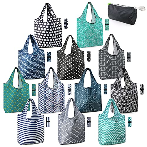 BeeGreen Reusable Grocery Bags Lightweight Durable Shopping Bags Washable Foldable 12 Pack Xlarge Classic Geometric Design Gift Tote Grocery Bags with Elastic Band and Separated Zipper Storage Pouch