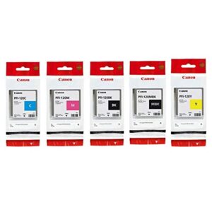 canon pfi120 pigment ink tank bundle (matte black, cyan, magenta, yellow, black) in retail packaging