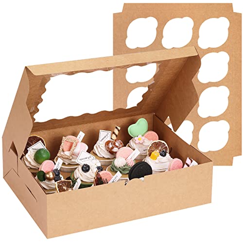 Moretoes Cupcake Boxes 24 Pcs Brown Cupcake Carrier Containers 24 Cardboard 12 Count, Kraft Bakery Boxes with Windows and Inserts to Hold Muffins & Pastries