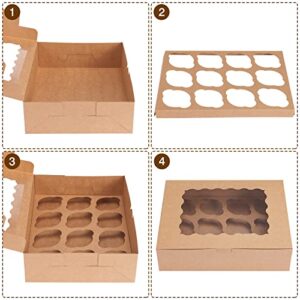 Moretoes Cupcake Boxes 24 Pcs Brown Cupcake Carrier Containers 24 Cardboard 12 Count, Kraft Bakery Boxes with Windows and Inserts to Hold Muffins & Pastries