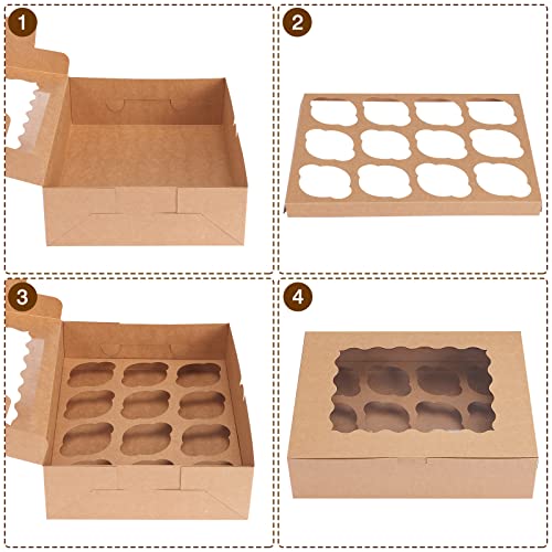 Moretoes Cupcake Boxes 24 Pcs Brown Cupcake Carrier Containers 24 Cardboard 12 Count, Kraft Bakery Boxes with Windows and Inserts to Hold Muffins & Pastries