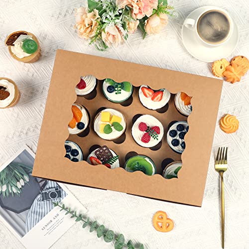 Moretoes Cupcake Boxes 24 Pcs Brown Cupcake Carrier Containers 24 Cardboard 12 Count, Kraft Bakery Boxes with Windows and Inserts to Hold Muffins & Pastries