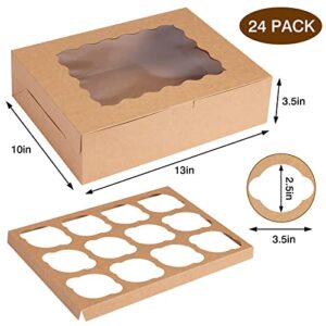 Moretoes Cupcake Boxes 24 Pcs Brown Cupcake Carrier Containers 24 Cardboard 12 Count, Kraft Bakery Boxes with Windows and Inserts to Hold Muffins & Pastries