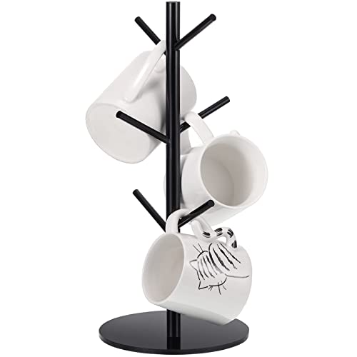 Patelai 14 Inch Coffee Mug Tree Mug Rack Cup Holders for Counter with 6 Hooks Removable Mug Stands (Black,Acrylic)