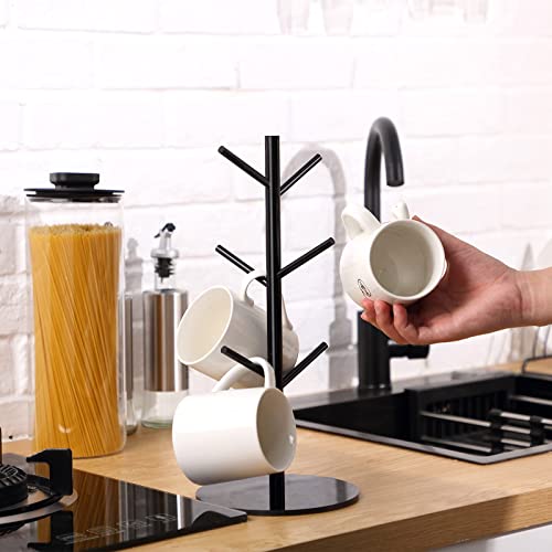 Patelai 14 Inch Coffee Mug Tree Mug Rack Cup Holders for Counter with 6 Hooks Removable Mug Stands (Black,Acrylic)