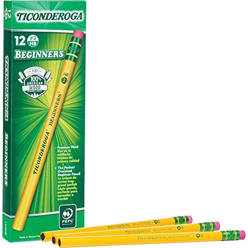 Ticonderoga® Beginners' Elementary Pencils, With Eraser, #2 Lead, Yellow Barrel, Pack Of 12