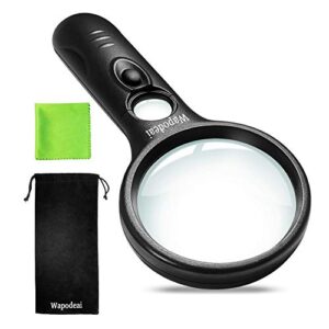 wapodeai magnifying glass with light, 3x 45x high magnification, led handheld lighted magnifier, suitable for reading, jewellery, crafts, lnspection, science (black)