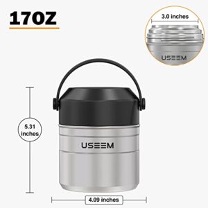 USEEM 17 Ounce Vacuum Insulated Food Jar, 316L Stainless Steel Leak Proof Soup Thermal, Cold Hot Food Container with Folding Spoon, Bowl Lid and Silicone Handle for Kids, Adults(Silver Grey)