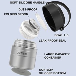 USEEM 17 Ounce Vacuum Insulated Food Jar, 316L Stainless Steel Leak Proof Soup Thermal, Cold Hot Food Container with Folding Spoon, Bowl Lid and Silicone Handle for Kids, Adults(Silver Grey)