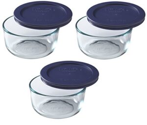 pyrex blue storage round dish with dark plastic cover, clear (2-cup pack of 3)