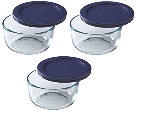 Pyrex Blue Storage Round Dish with Dark Plastic Cover, Clear (2-Cup Pack of 3)