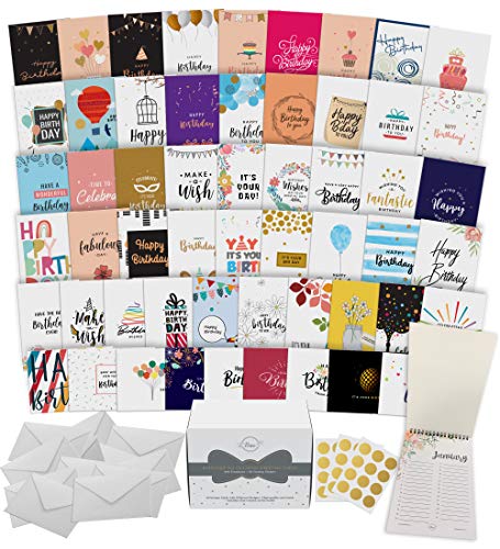 Dessie Unique Birthday Cards Assortment with Generic Birthday Greetings Inside. Suitable For Men, Women and Kids. Includes Envelopes and Gold Stickers, 60 Cards