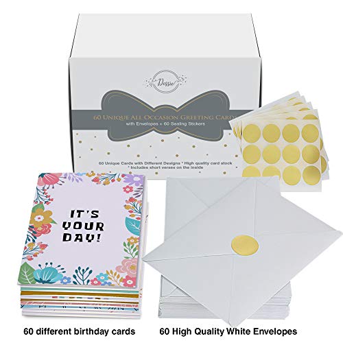 Dessie Unique Birthday Cards Assortment with Generic Birthday Greetings Inside. Suitable For Men, Women and Kids. Includes Envelopes and Gold Stickers, 60 Cards