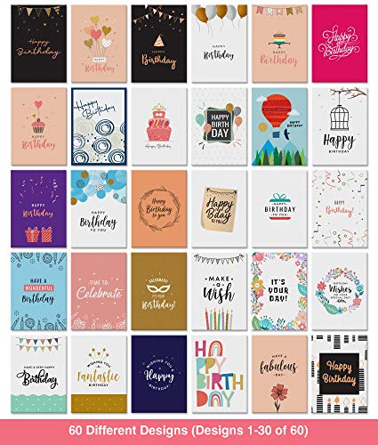 Dessie Unique Birthday Cards Assortment with Generic Birthday Greetings Inside. Suitable For Men, Women and Kids. Includes Envelopes and Gold Stickers, 60 Cards