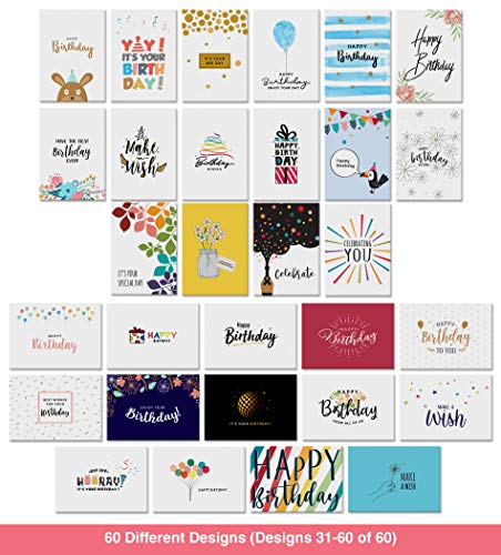 Dessie Unique Birthday Cards Assortment with Generic Birthday Greetings Inside. Suitable For Men, Women and Kids. Includes Envelopes and Gold Stickers, 60 Cards