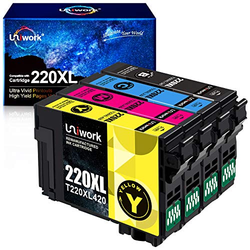 Uniwork Remanufactured Ink Cartridge Replacement for Epson 220 220XL use for WorkForce WF-2760 WF-2750 WF-2630 WF-2650 WF-2660 XP-320 XP-420 Printer (1 Black 1 Cyan 1 Magenta 1 Yellow), 4 Pack