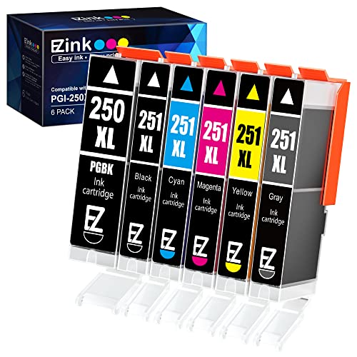 E-Z Ink (TM) Compatible Ink Cartridge Replacement for Canon PGI-250XL PGI 250 XL CLI-251XL CLI 251 XL to use with Pixma IP8720 (1 Large Black, 1 Cyan, 1 Magenta, 1 Yellow, 1 Small Black,1 Gray) 6 pack