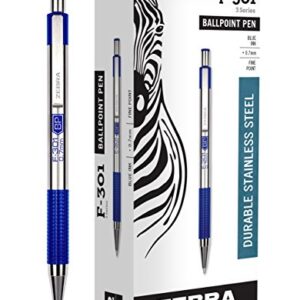 Zebra Pen F-301 Retractable Ballpoint Pen, Stainless Steel Barrel, Fine Point, 0.7mm, Blue Ink, 12-Pack