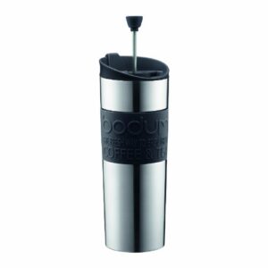 bodum travel press, stainless steel travel coffee and tea press, 15 ounce, .45 liter, black,1 count (pack of 1)