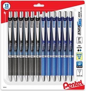 pentel energel 0.5 mm needle tip pens, rtx retractable liquid gel pen, 12 pack of 6 black ink & 6 blue ink pens (total of 12 deluxe pens in box)