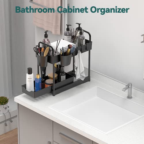 Warmodern 2 Pack Under Sliding Cabinet Basket Organizer, 2 Tier Bathroom Organizer Under Sink, Kitchen Cabinet Organizers Baskets with 8 Hooks and 4 Hanging Cups, Under Sink Storage for Bathroom