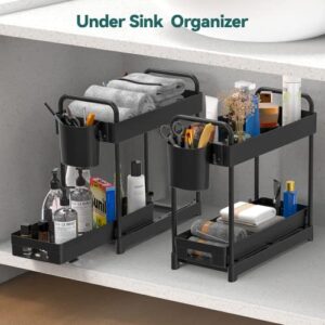 Warmodern 2 Pack Under Sliding Cabinet Basket Organizer, 2 Tier Bathroom Organizer Under Sink, Kitchen Cabinet Organizers Baskets with 8 Hooks and 4 Hanging Cups, Under Sink Storage for Bathroom