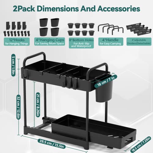 Warmodern 2 Pack Under Sliding Cabinet Basket Organizer, 2 Tier Bathroom Organizer Under Sink, Kitchen Cabinet Organizers Baskets with 8 Hooks and 4 Hanging Cups, Under Sink Storage for Bathroom