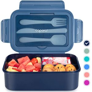 caperci classic bento box adult lunch box for older kids – leakpoof 47 oz 3-compartment lunch containers for adults and teens, built-in utensil set, ideal for on-the-go balanced eating, navy blue